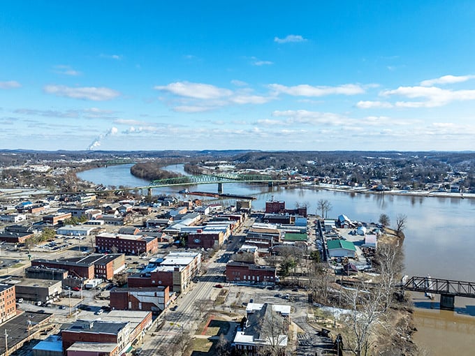 This stunning aerial view showcases how the Ohio River embraces Marietta like a protective parent cradling a precious child.