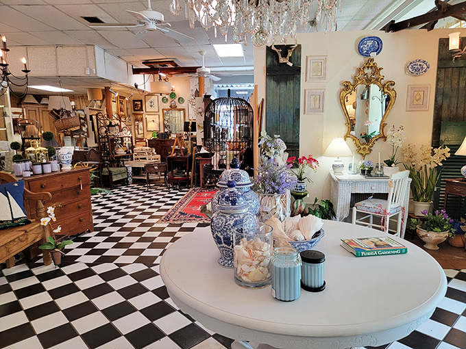 The interior glimpse reveals organized chaos where vintage treasures create their own beautiful symphony of memories.