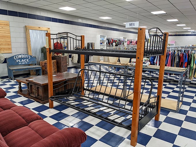 Checkered floors and organized displays create a surprisingly cheerful atmosphere for serious thrift shopping adventures.