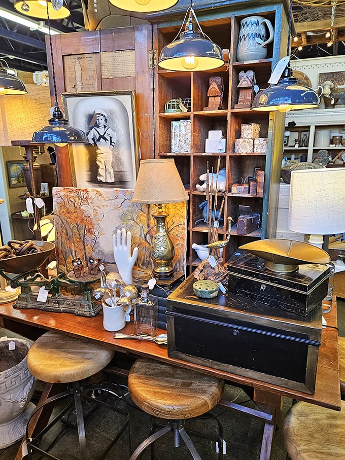 Industrial lighting illuminates treasures like spotlights on a stage of forgotten history.