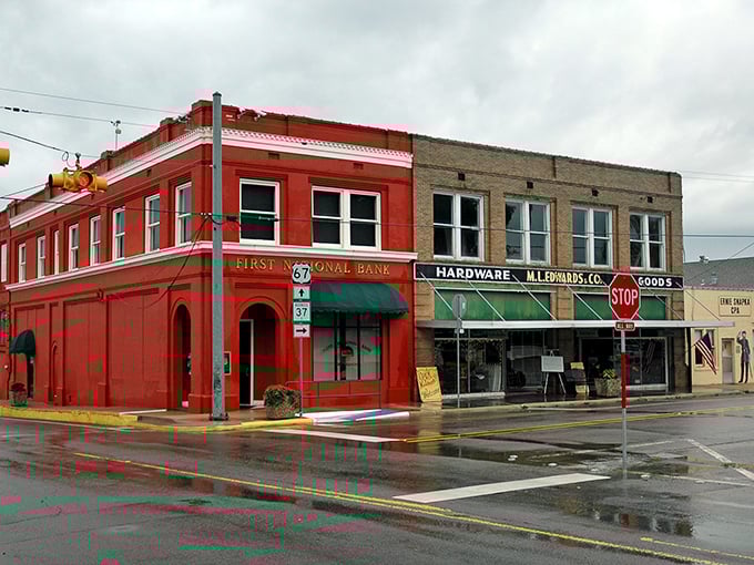 The bright red First National Bank building anchors Mount Vernon's downtown, where banking still feels personal rather than algorithmic.
