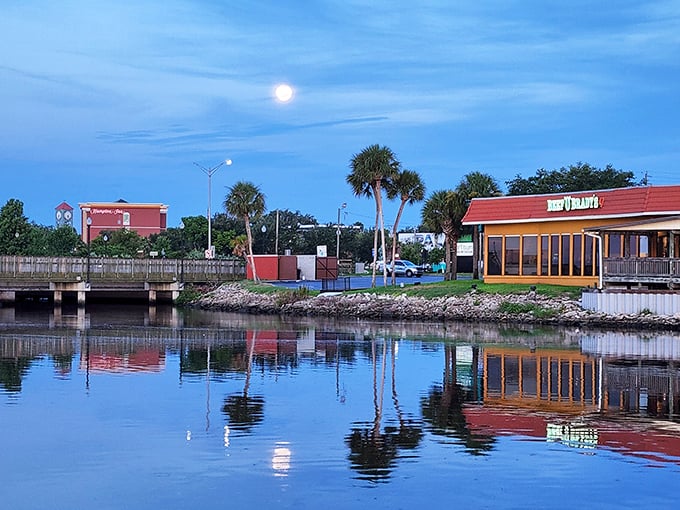 A moonlit evening paints the water in silver and neon, like nature and Vegas agreeing on décor.