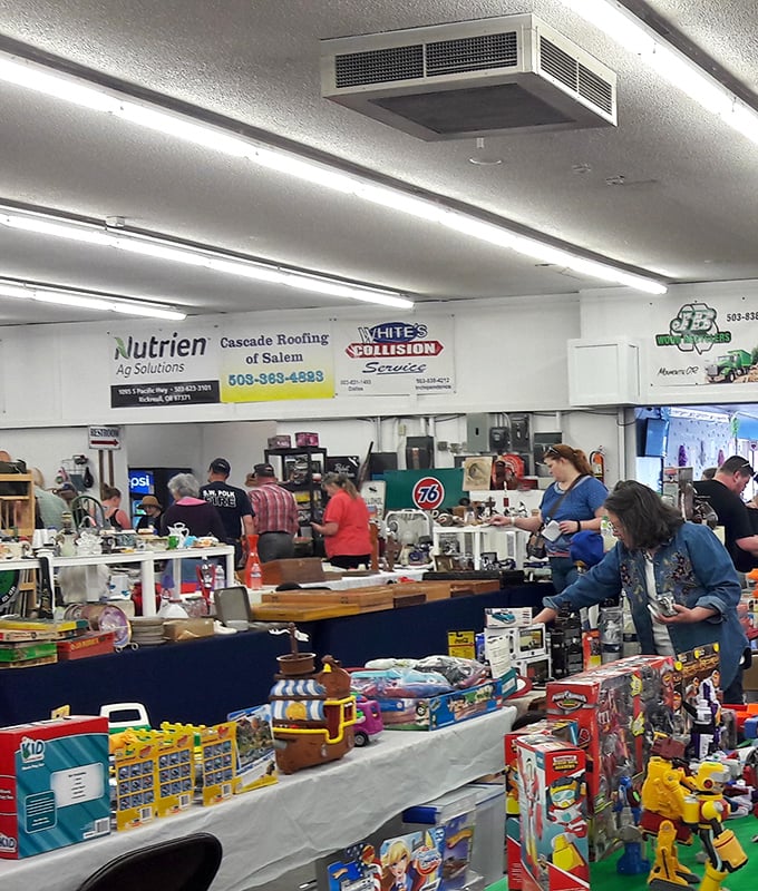 Polk Flea Market's interior is like a museum where you can touch—and buy—the exhibits. Those overhead banners add a carnival atmosphere to this bargain bonanza.