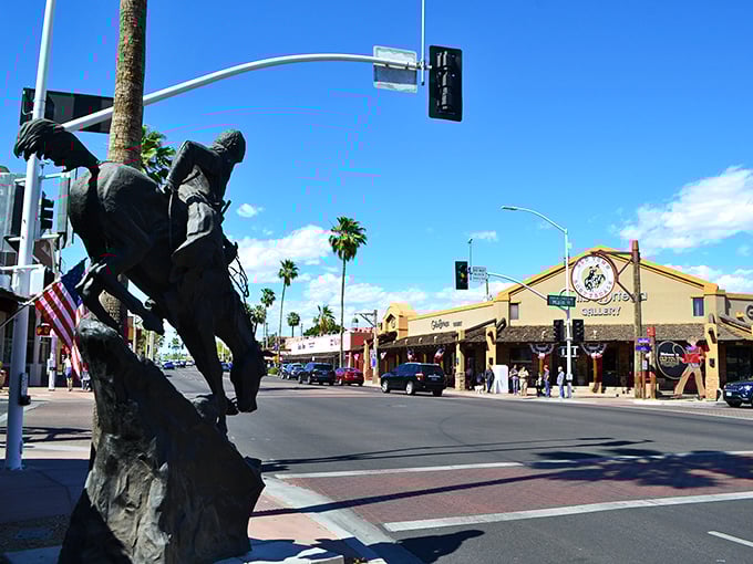 Scottsdale: Western charm meets modern comfort. That cowboy statue isn't just decoration—it's a reminder of the city's unhurried roots.