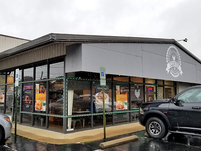 Clean lines and big windows showcase the artistry of hand-breaded chicken prepared with genuine care.