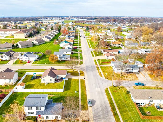 From the Silvis water tower, you can see rows of affordable homes with spacious yards—perfect for families seeking small-town charm.