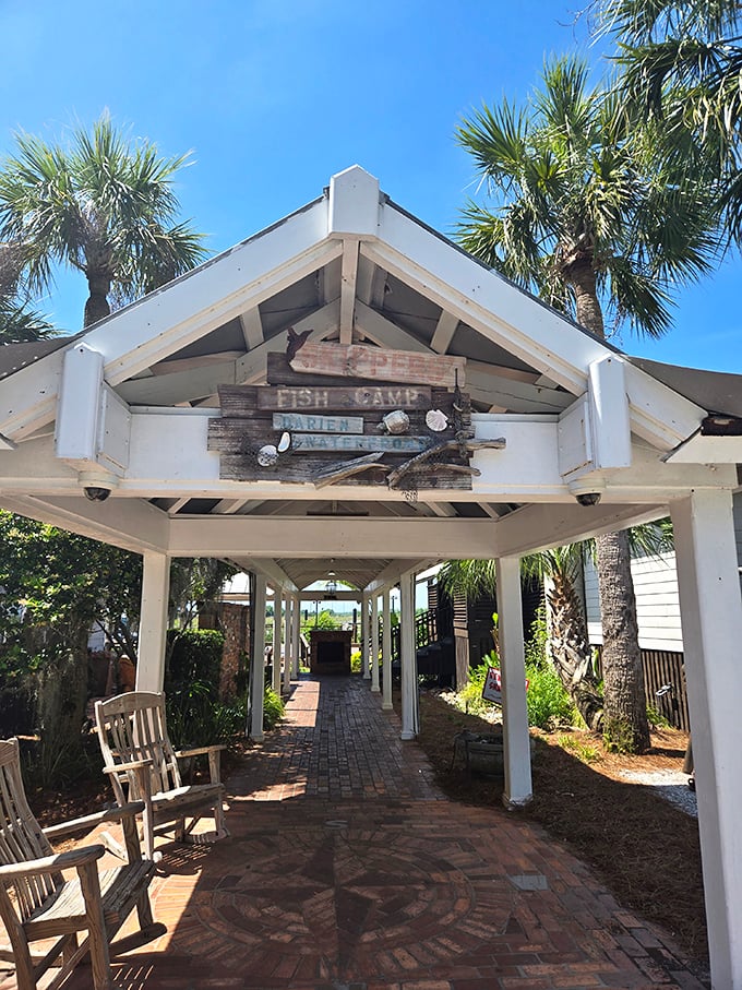 Morning light bathes Skipper's entrance – the gateway to Darien's legendary shrimp and seafood paradise.