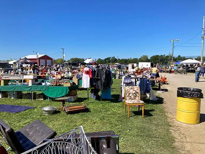 Vintage clothing racks and outdoor displays prove that one person's closet cleanout becomes another's treasure trove.