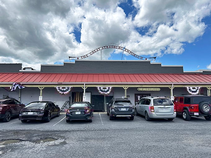The Great Strasburg Emporium announces itself with patriotic bunting and historic charm. George Washington would approve!