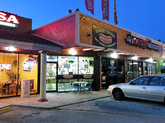 The evening glow makes this neighborhood spot feel like a hidden gem waiting to be discovered by hungry travelers.