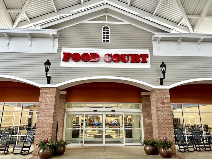 The food court welcomes weary shoppers with open doors and the promise of sustenance. Shopping is a sport—fuel accordingly!