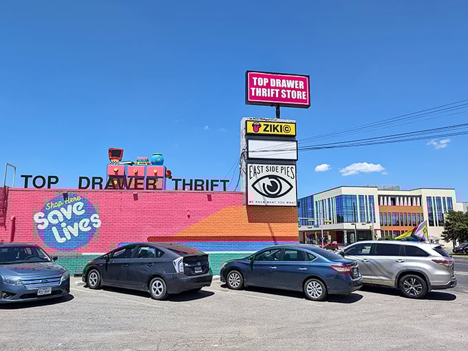 The rainbow-bright facade of Top Drawer makes a bold statement. "Shop here, save lives" never looked so inviting!