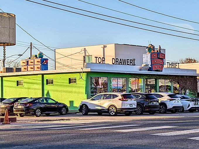 Dresser on the roof? Top Drawer's whimsical signage perfectly captures the fun of thrifting at this local favorite.