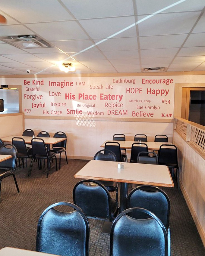 The dining area wall speaks volumes - words like "Hope," "Joy," and "Dream" remind us that great food feeds more than just the body.