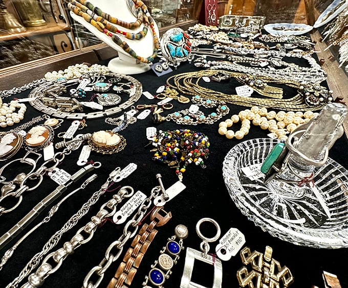 Jewelry that once adorned flappers and society matrons now waits for new adventures, each piece carrying whispers of champagne toasts and forgotten promises.