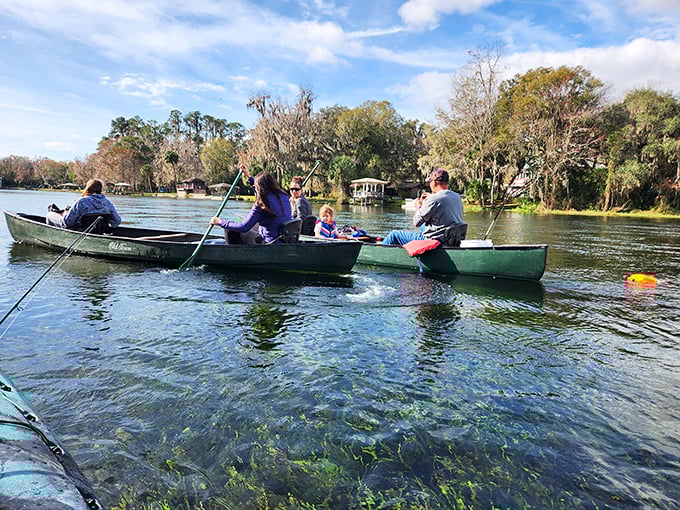 Family memories being made in real-time as crystal-clear waters carry canoes and conversations downstream.