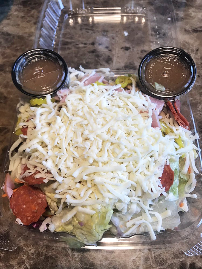 An antipasto salad that doesn't skimp on the good stuff. This isn't some sad desk lunch—it's a celebration in a plastic container.