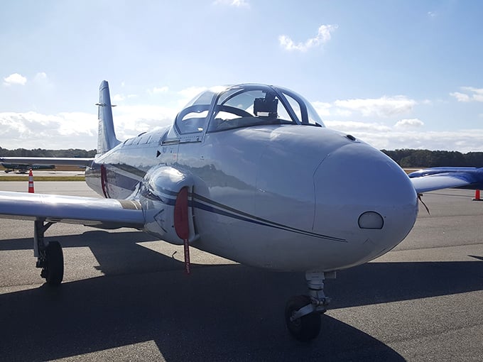 The sleek lines of this jet trainer represent the rapid evolution of flight technology that transformed aviation in the post-WWII era.