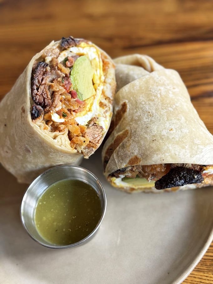 Breakfast meets barbecue in this burrito masterpiece – proof that smoked meat belongs in every meal of the day, including those before noon.