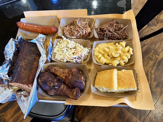 Not so much a sampler as a guided tour of smoke mastery. From ribs to pulled meat to sausage, with sides that refuse to be upstaged.