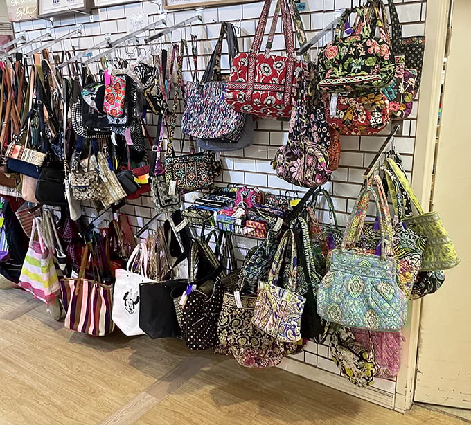 Bag lady heaven! This wall of purses and totes represents thousands of dollars in retail value—available for the price of a fancy coffee shop visit.