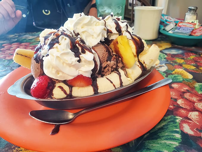 This banana split isn't just dessert—it's architecture. A monument to the glory days when calories didn't count.