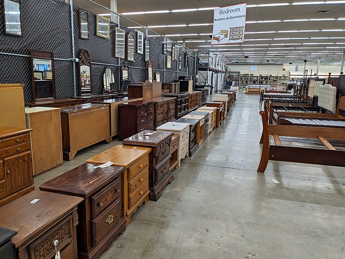 The bedroom furniture section – where nightstands that witnessed countless midnight snacks and dressers that held fashion mistakes await new homes.