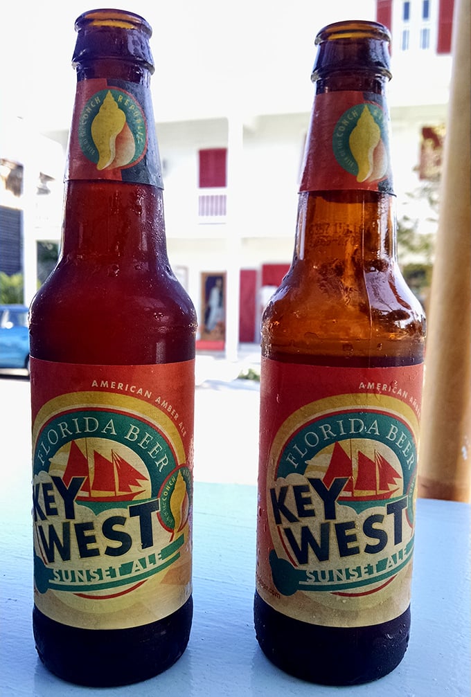 Key West Sunset Ale—because hydration is important when you're eating this well. The bottle sweats almost as much as you do.