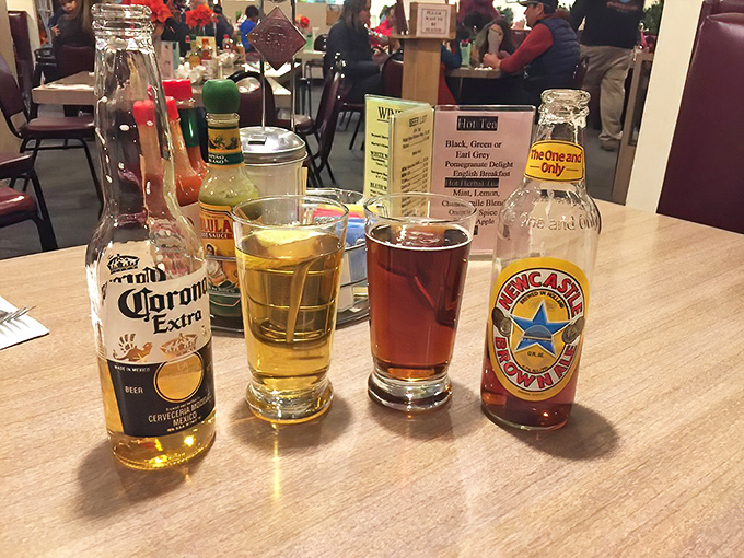 Nothing complements a hearty diner meal like an ice-cold beer—Corona and Newcastle Brown Ale standing by to wash down whatever comfort food you've chosen.