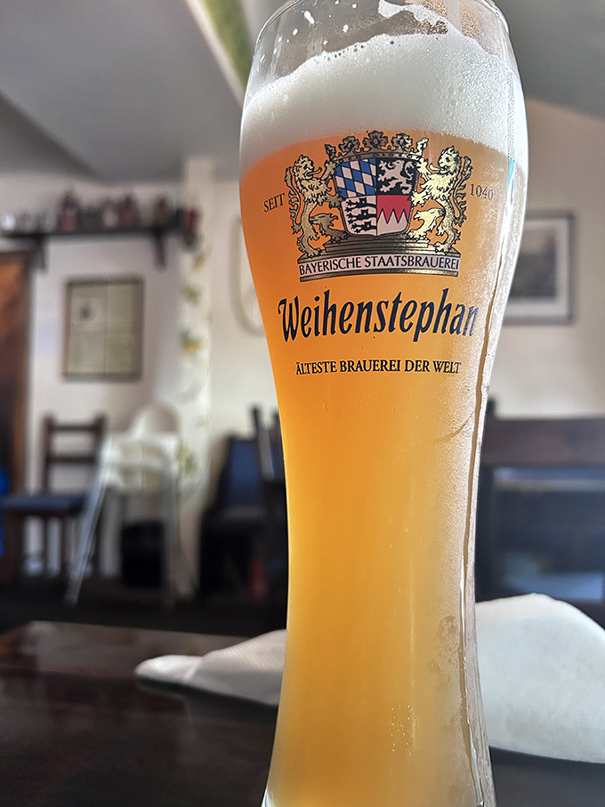 A proper German beer served in its proper glass—tall, proud, and wearing a perfect foam hat. This isn't a drink; it's a cultural experience. 