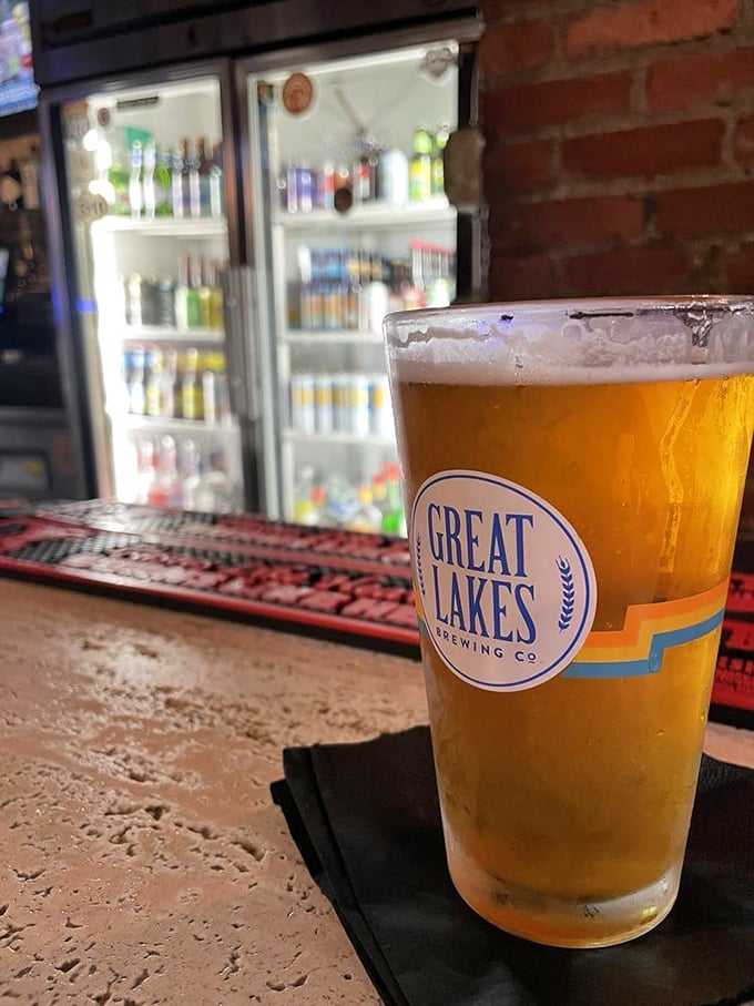 A cold Great Lakes brew waiting at the bar—because what pairs better with a legendary burger than a local craft beer?