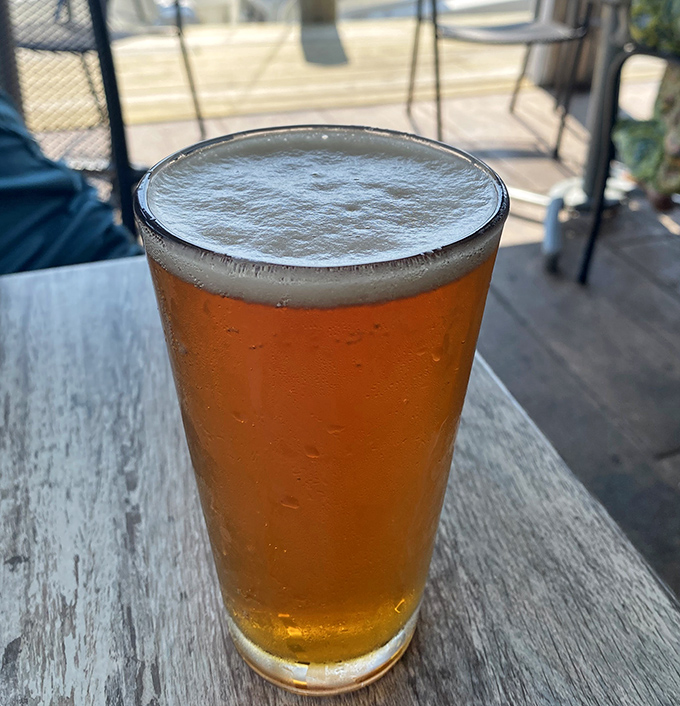 A cold local brew with a view – nature's perfect pairing for seafood. That foam cap is practically begging for a mustache imprint.