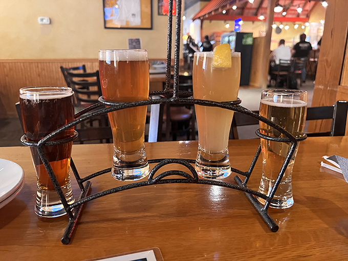 A flight of house-brewed beers arranged like a liquid rainbow. Each glass tells a different story—from hoppy beginnings to malty conclusions.