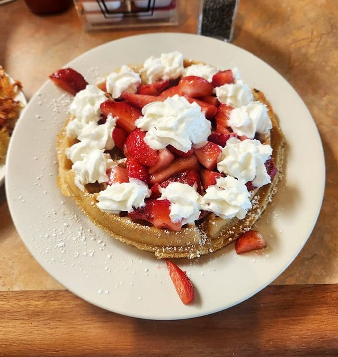 Strawberry waffle nirvana – where fresh berries, whipped cream, and golden batter create a breakfast that's basically acceptable cake.