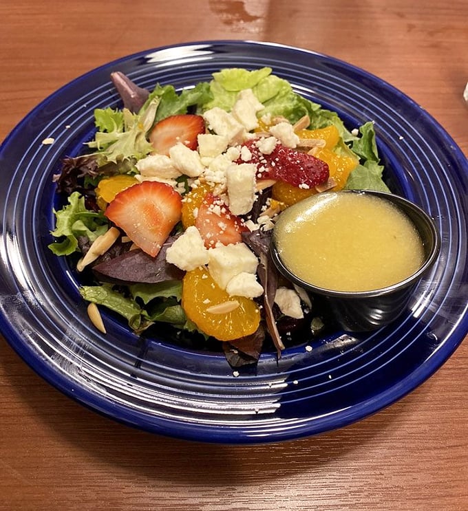A fresh salad that doesn't feel like punishment. Those strawberries and oranges bring sunshine to the plate even on cloudy Ohio days.