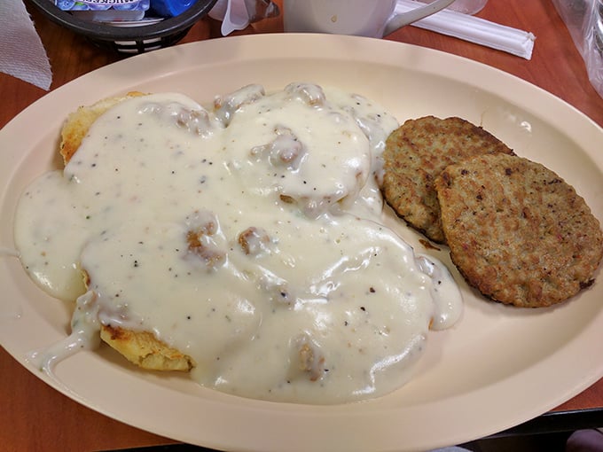 Biscuits and gravy that could make a Southern grandmother nod in approval. That pepper-flecked gravy is practically a food group.