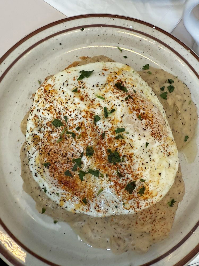 Simple pleasures done right—a perfectly poached egg nestled in herb-flecked gravy that would make your grandmother simultaneously proud and jealous.