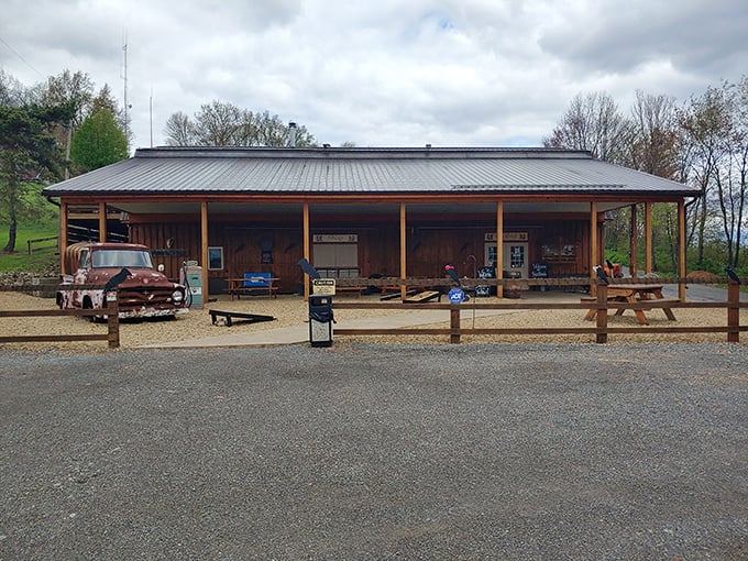Blackbird Distillery embodies rustic Pennsylvania charm with its wooden porch and vintage truck—a place where spirits meet Appalachian hospitality.
