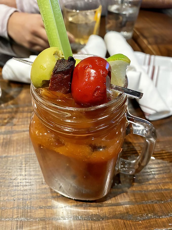 This isn't just a Bloody Mary; it's a liquid brunch accessorized with enough garnishes to count as a small appetizer.
