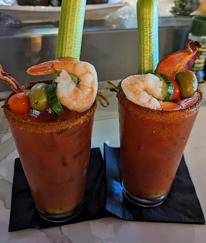 That Bloody Mary means business – probably counts as a salad with all those garnishes hanging off.