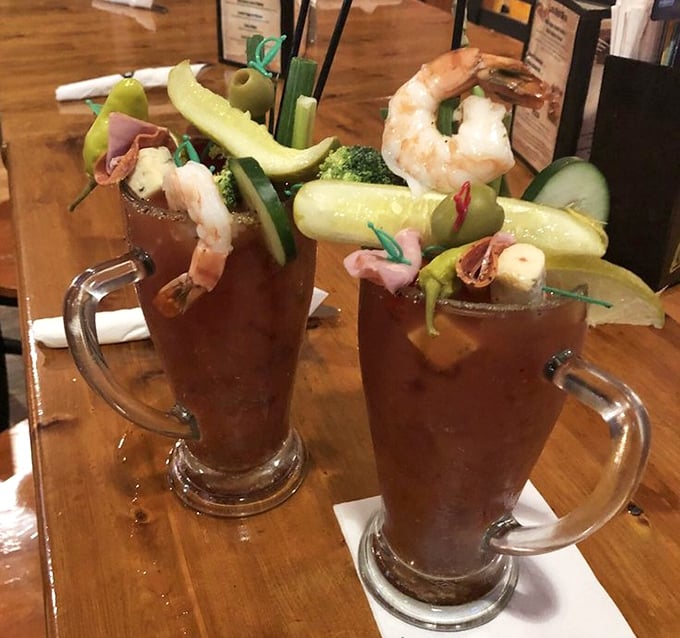 These Bloody Marys aren't just drinks—they're meals with a splash of vodka, garnished with enough appetizers to qualify as a first course.