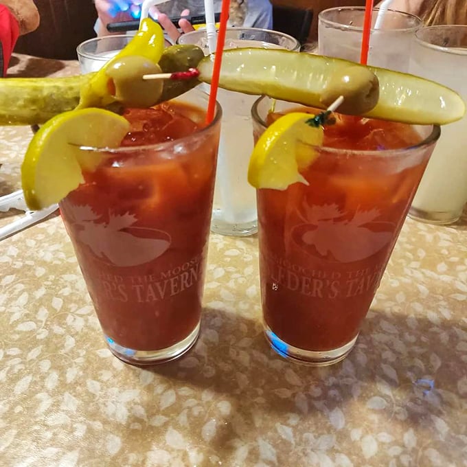 These Bloody Marys aren't just drinks – they're meal substitutes with impressive garnish architecture. That pickle spear could double as a small defensive weapon. 