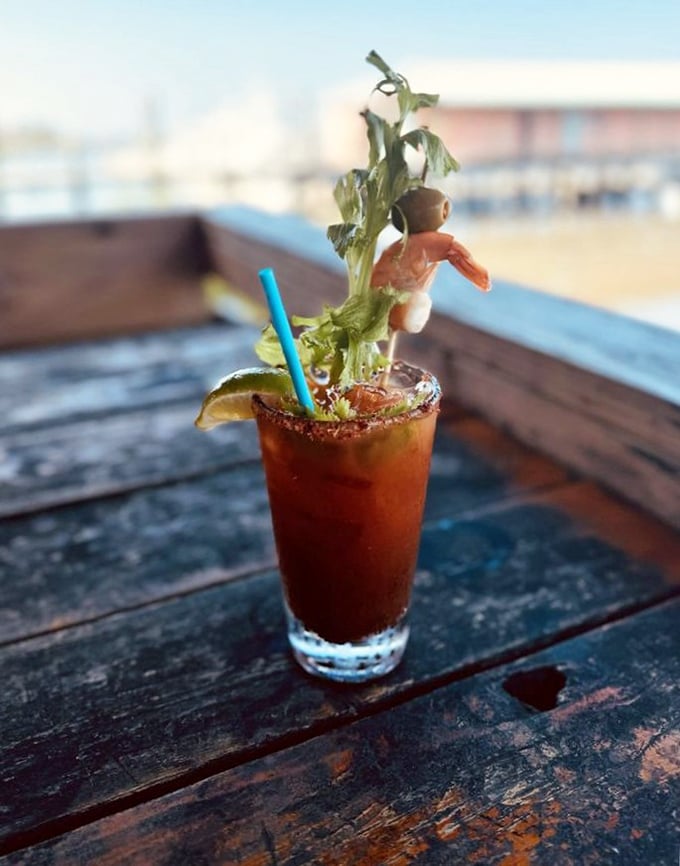 A Bloody Mary that's practically a meal, garnished with enough vegetables and seafood to count as your daily serving of both.