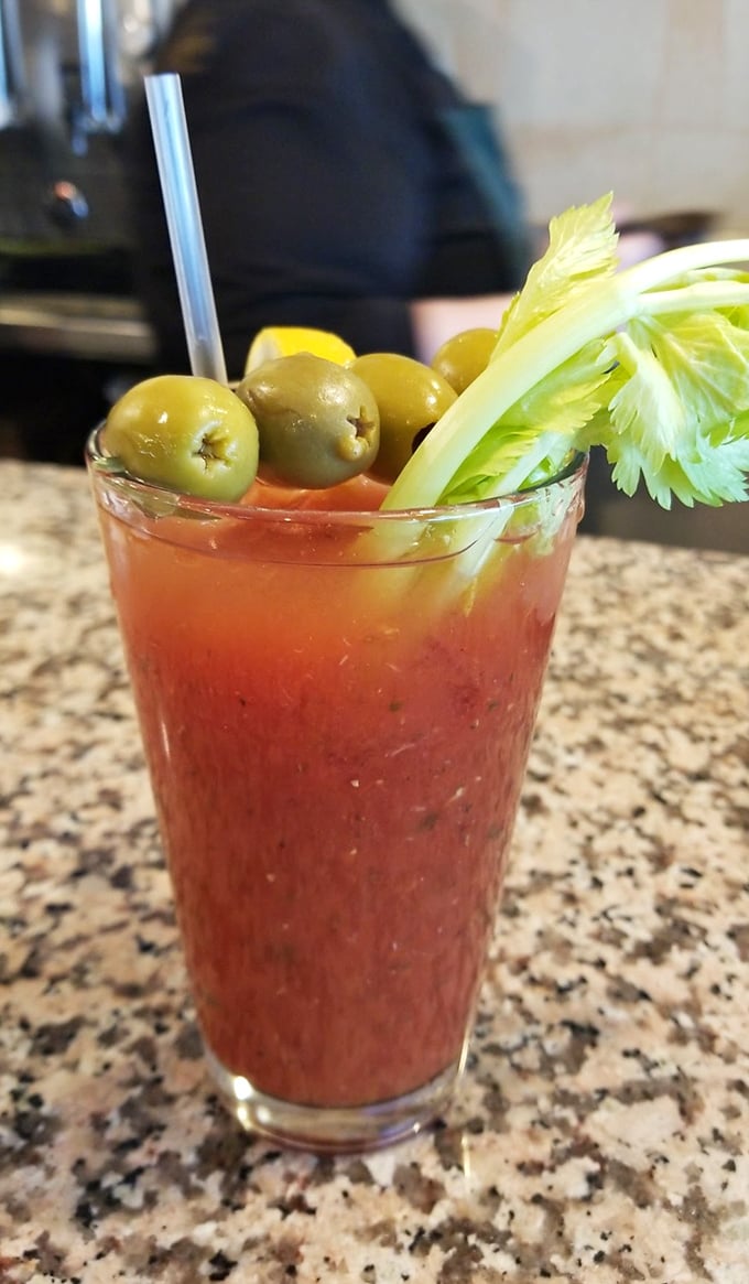 A Bloody Mary garnished with enough vegetables to count as a salad course—the perfect excuse to start drinking before noon.