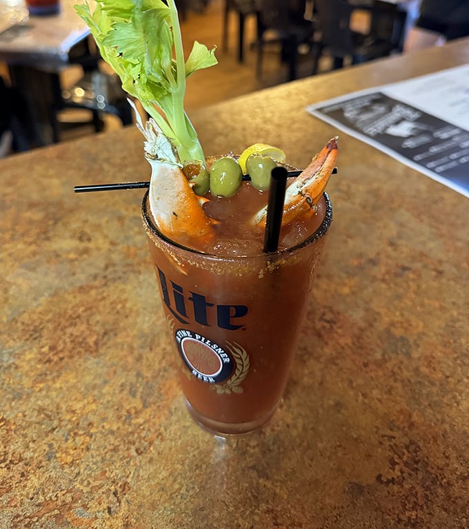 A Bloody Mary that doubles as both cocktail and appetizer—the celery stalk is just there for moral support.