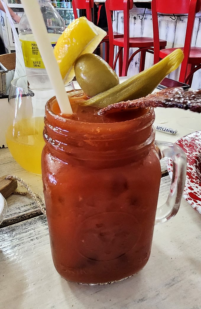 A Bloody Mary that's practically a meal unto itself. Those pickles and celery aren't garnishes—they're co-stars in this breakfast cocktail drama.