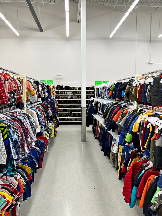 The children's section—where parents can outfit growing kids without the growing pains of retail prices.