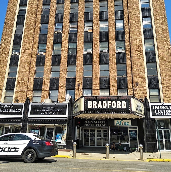 The classic marquee of Bradford's Main Street Movie House promises entertainment the old-fashioned way—without having to navigate through 47 streaming services.