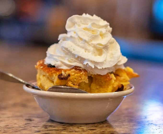 Bread pudding crowned with a dollop of whipped cream – proof that yesterday's bread can become today's moment of sweet, custardy bliss.