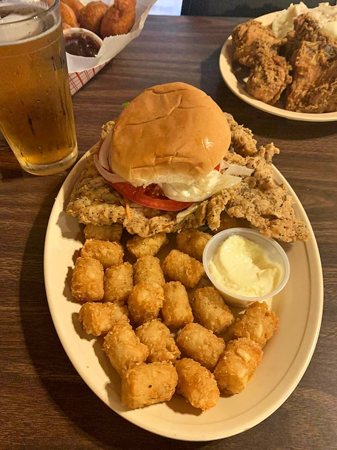 The breaded tenderloin sandwich—Indiana's unofficial state food—served with a side of tater tots that would make Napoleon Dynamite weep with joy.